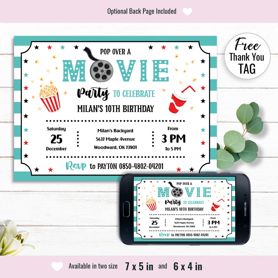 Movie Birthday Invitation, Cinema Birthday Invite, Pop on Over Bday ...