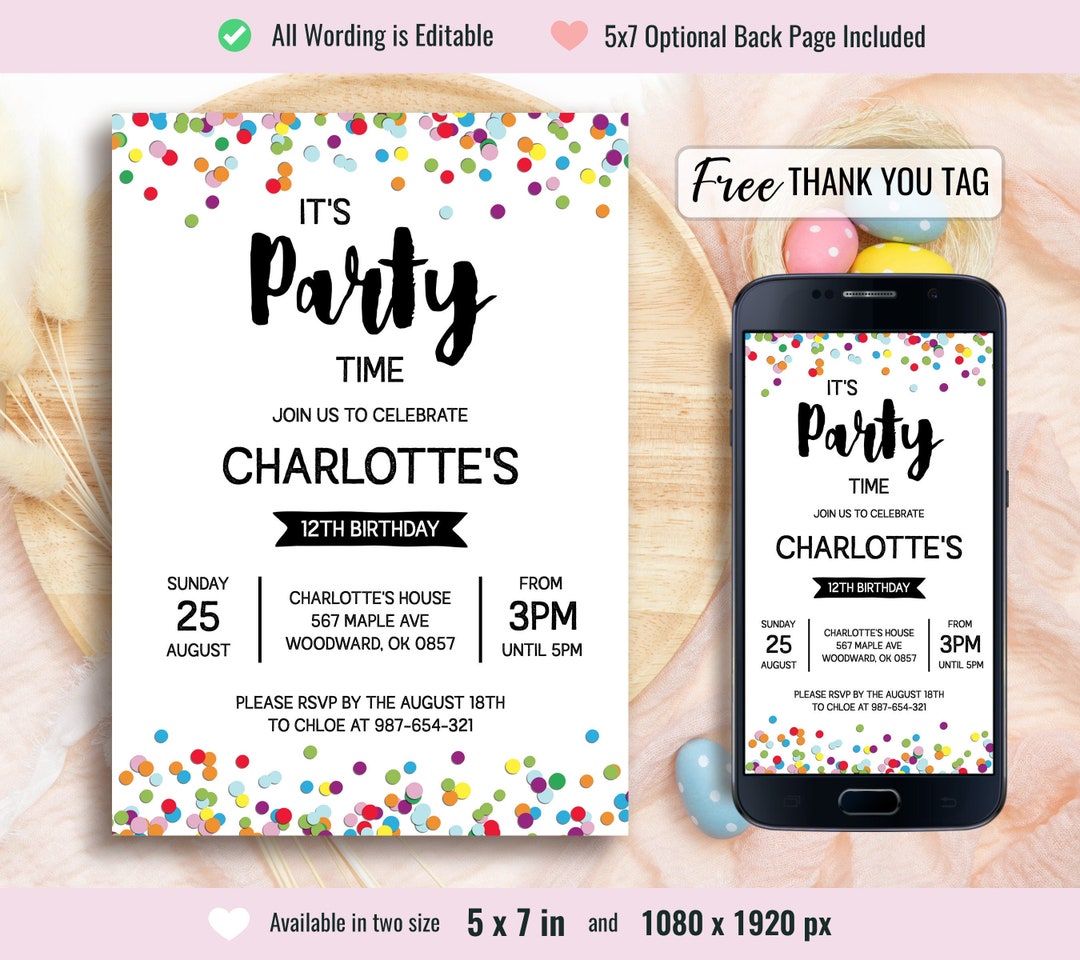 Confetti Birthday Invitation, Fun and Festive Party, Colorful Invite ...