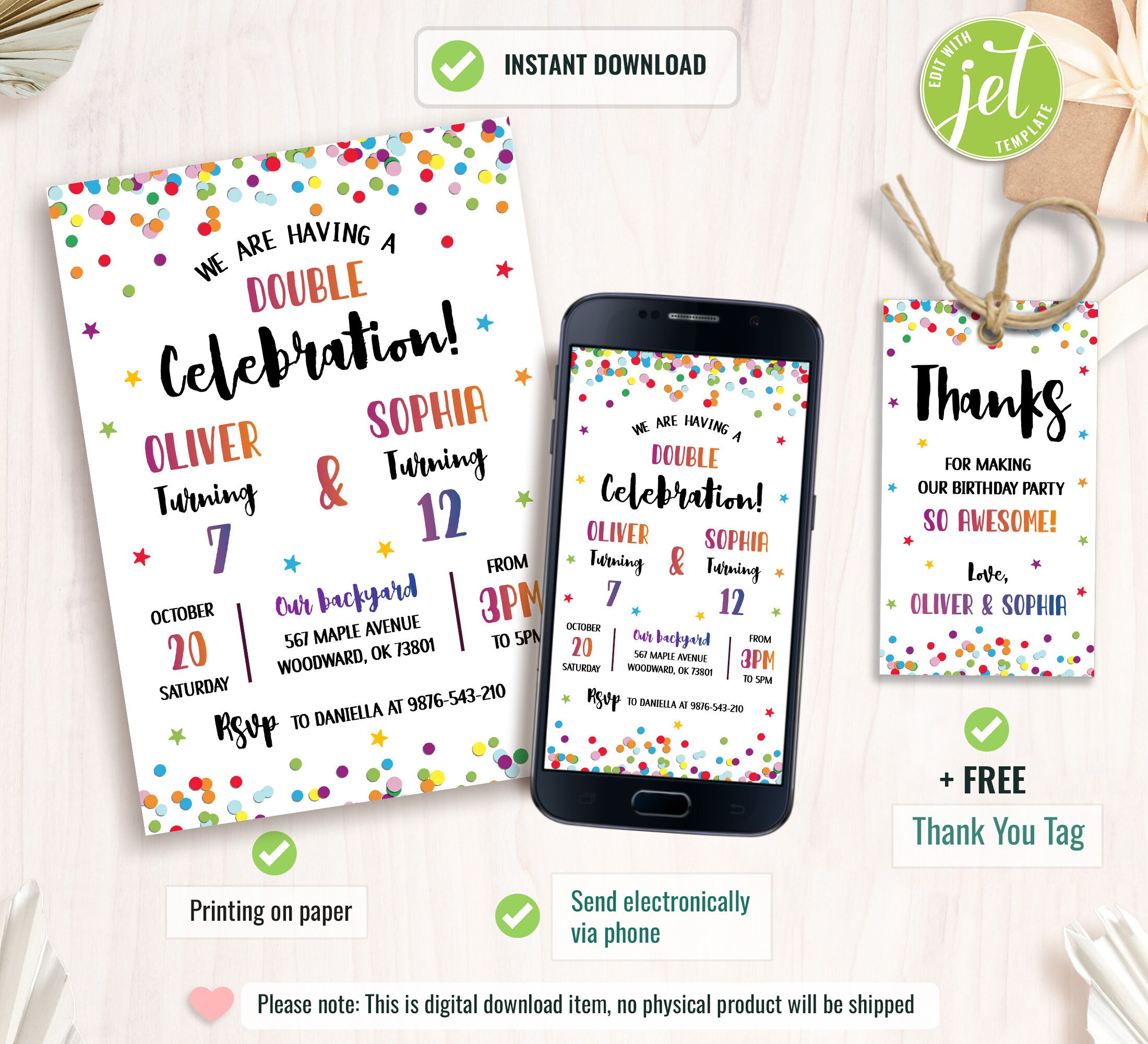 Editable Double Birthday Invitation, Colorful Confetti Birthday ...