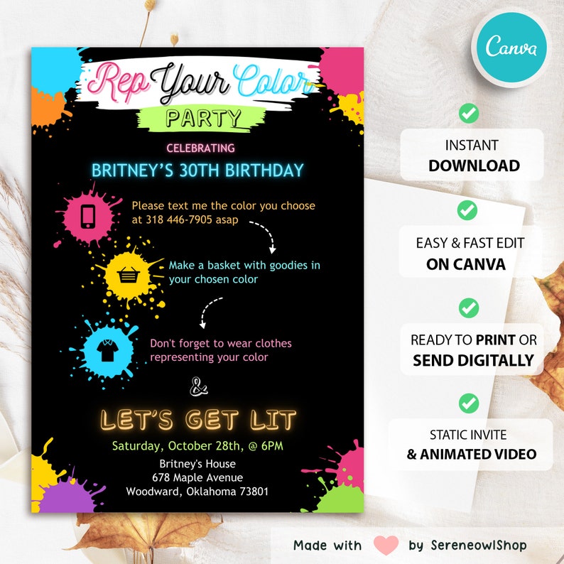 Editable Birthday Invitation, Rep Your Color Invitations, Color Theme ...