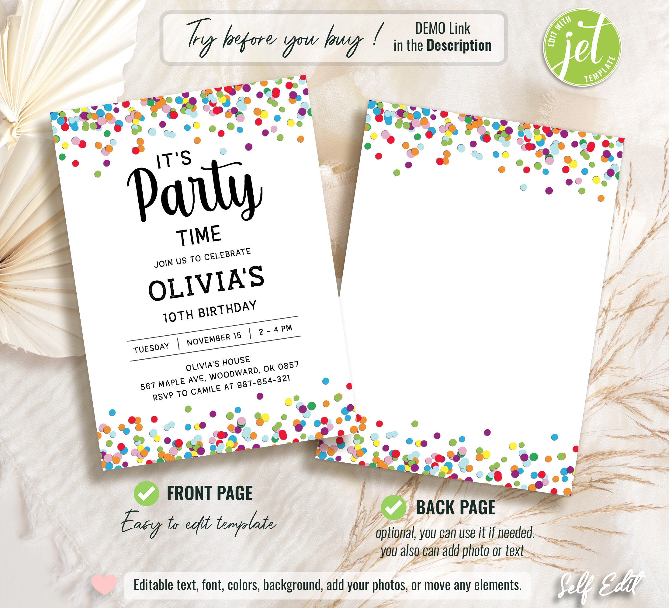 Editable Confetti Birthday Invitation, Colorful Invite, Simple Birthday ...