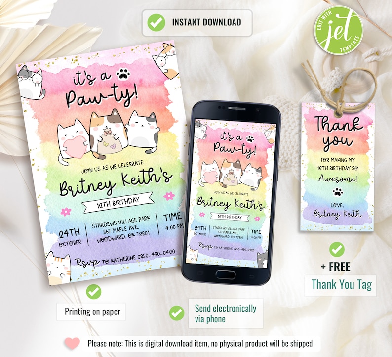 Cat Birthday Invitation, Printable Kitten Invite, Digital Invitation ...