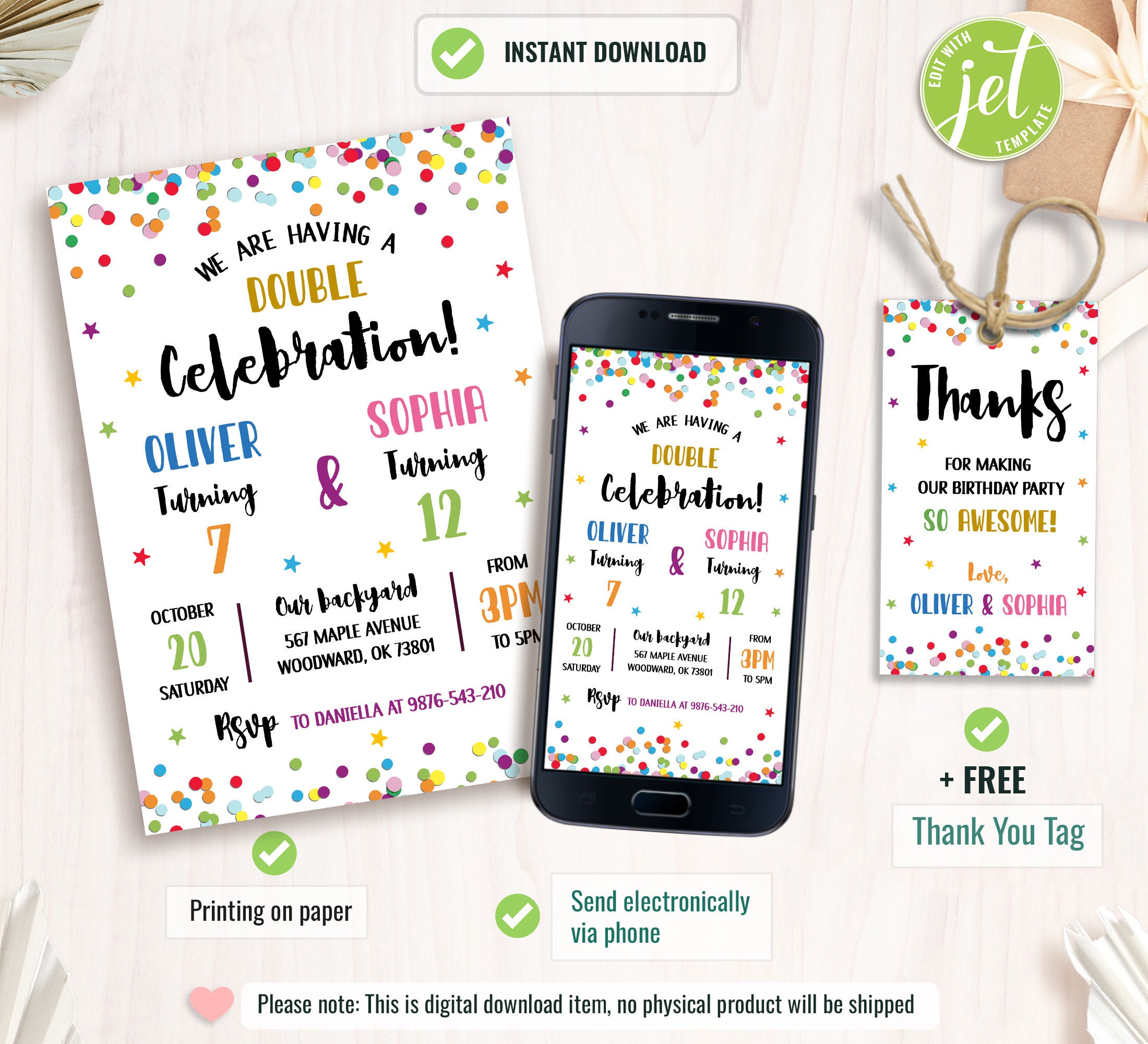 Editable Double Birthday Invitation, Colorful Confetti Birthday ...