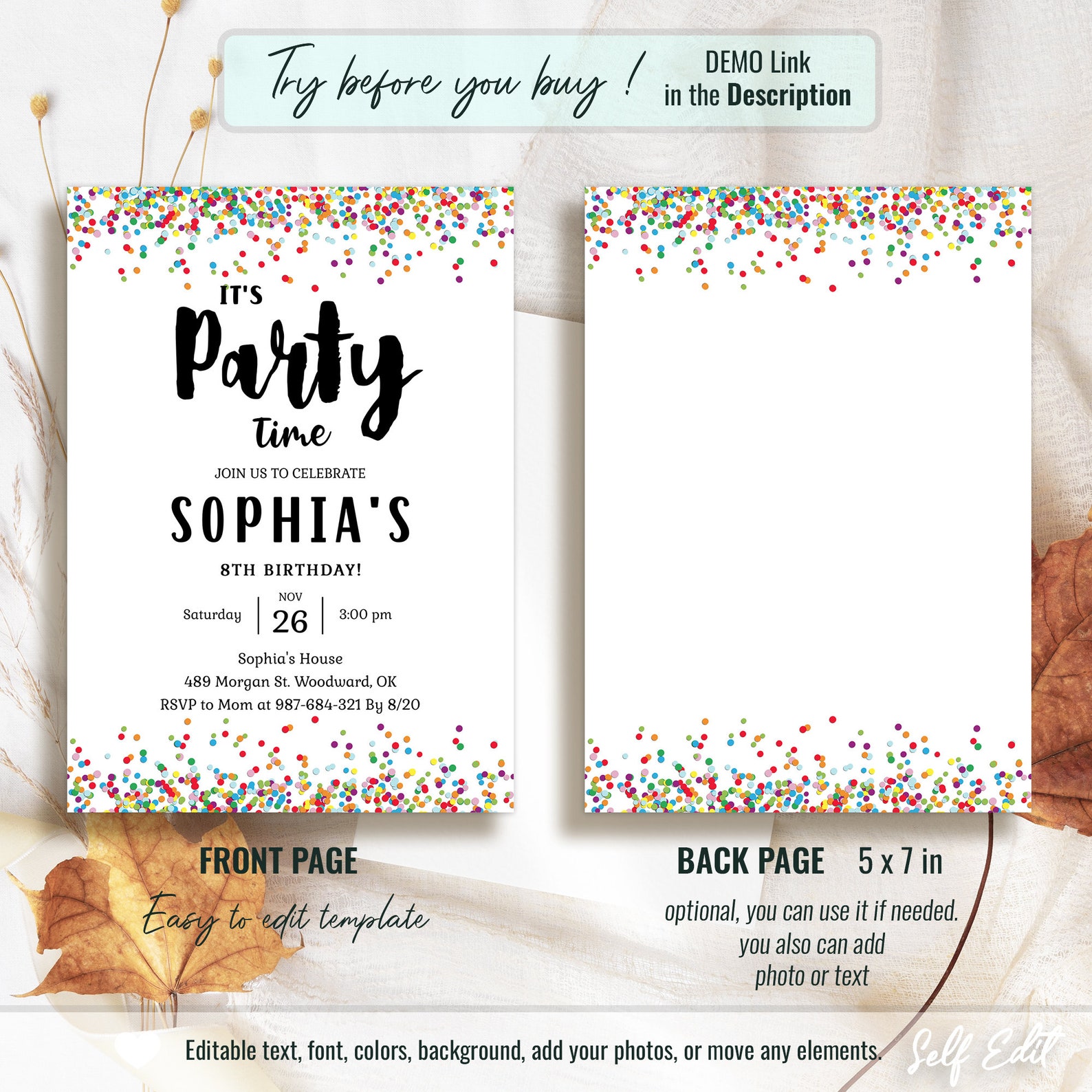 Confetti Party Invite, Colorful Invite, Simple Birthday Invitations ...