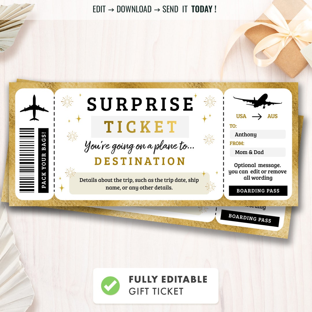 Editable Surprise Trip Ticket, Surprise Boarding Coupon Pass, Event ...