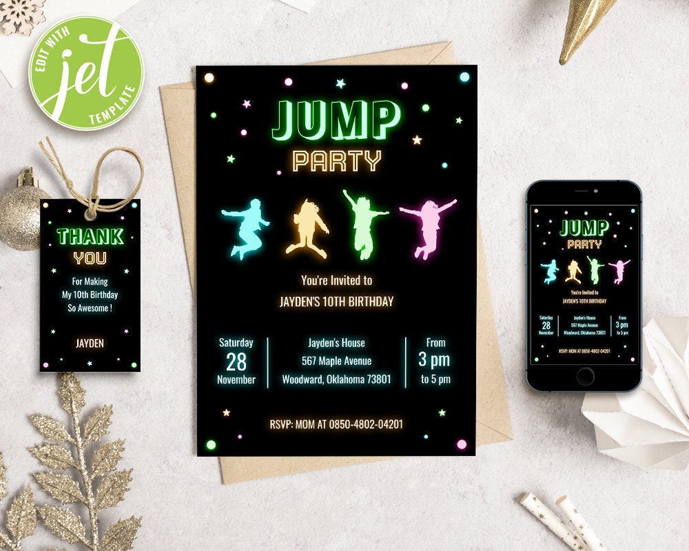 Jump Birthday Invitation, Neon Glow Jumping Trampoline Party ...