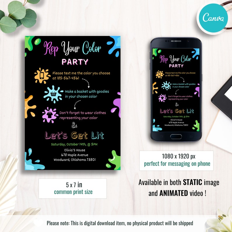 Editable Party Invitation, Rep Your Color, Color Theme Party Invite ...