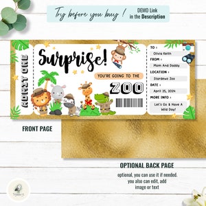 Surprise Zoo Ticket, Printable Zoo Ticket, Gold Zoo Coupon, Gift Ticket ...