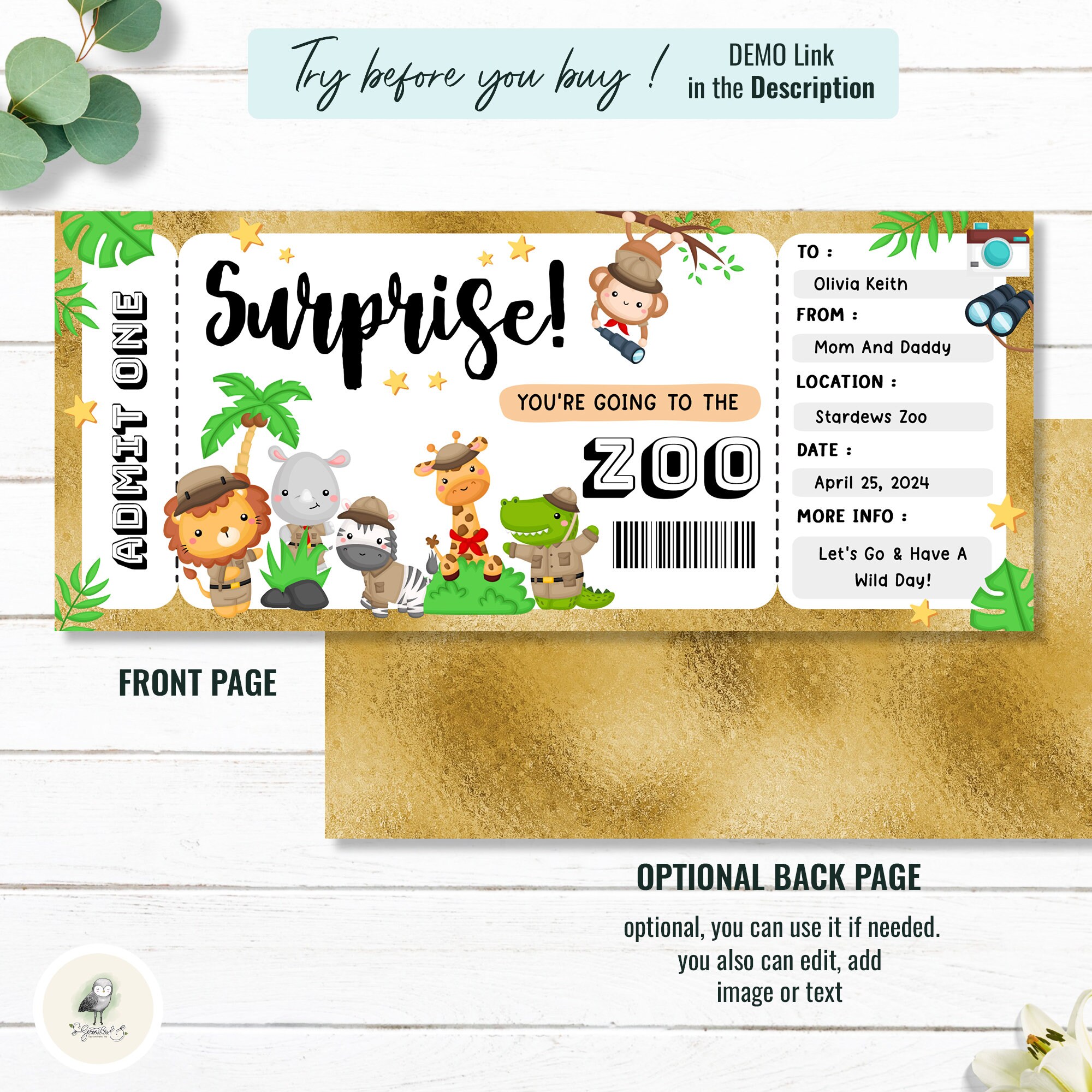 Surprise Zoo Ticket, Printable Zoo Ticket, Gold Zoo Coupon, Gift Ticket ...