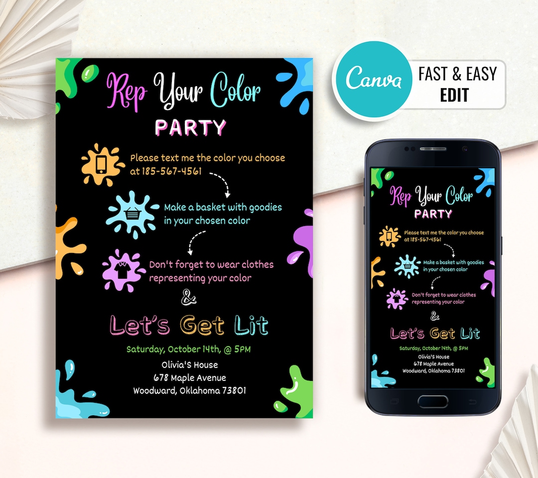 Editable Party Invitation, Rep Your Color, Color Theme Party Invite ...