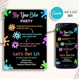 Editable Party Invitation, Rep Your Color, Color Theme Party Invite ...