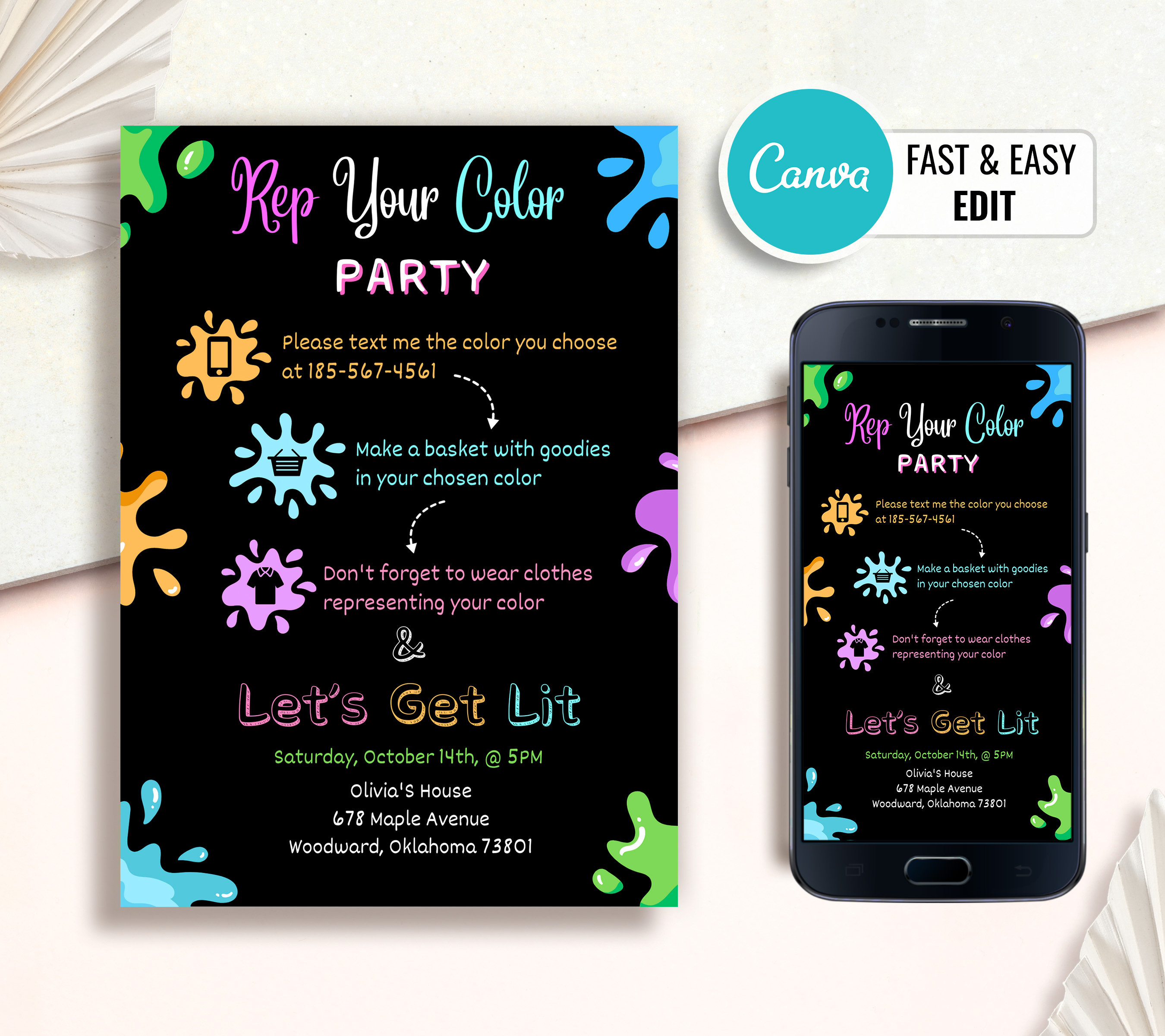Editable Party Invitation, Rep Your Color, Color Theme Party Invite ...