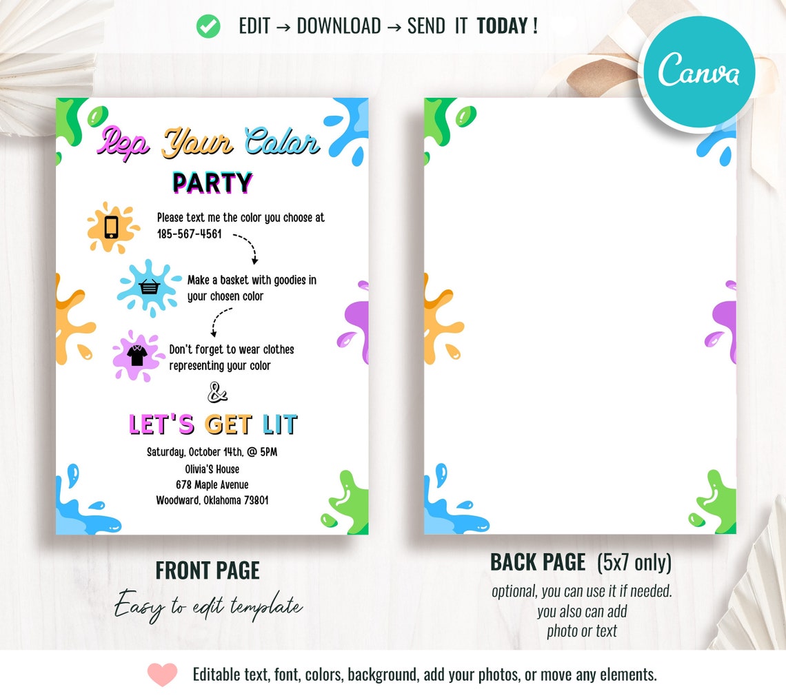 Editable Party Invitation Rep Your Color Color Theme Party - Etsy