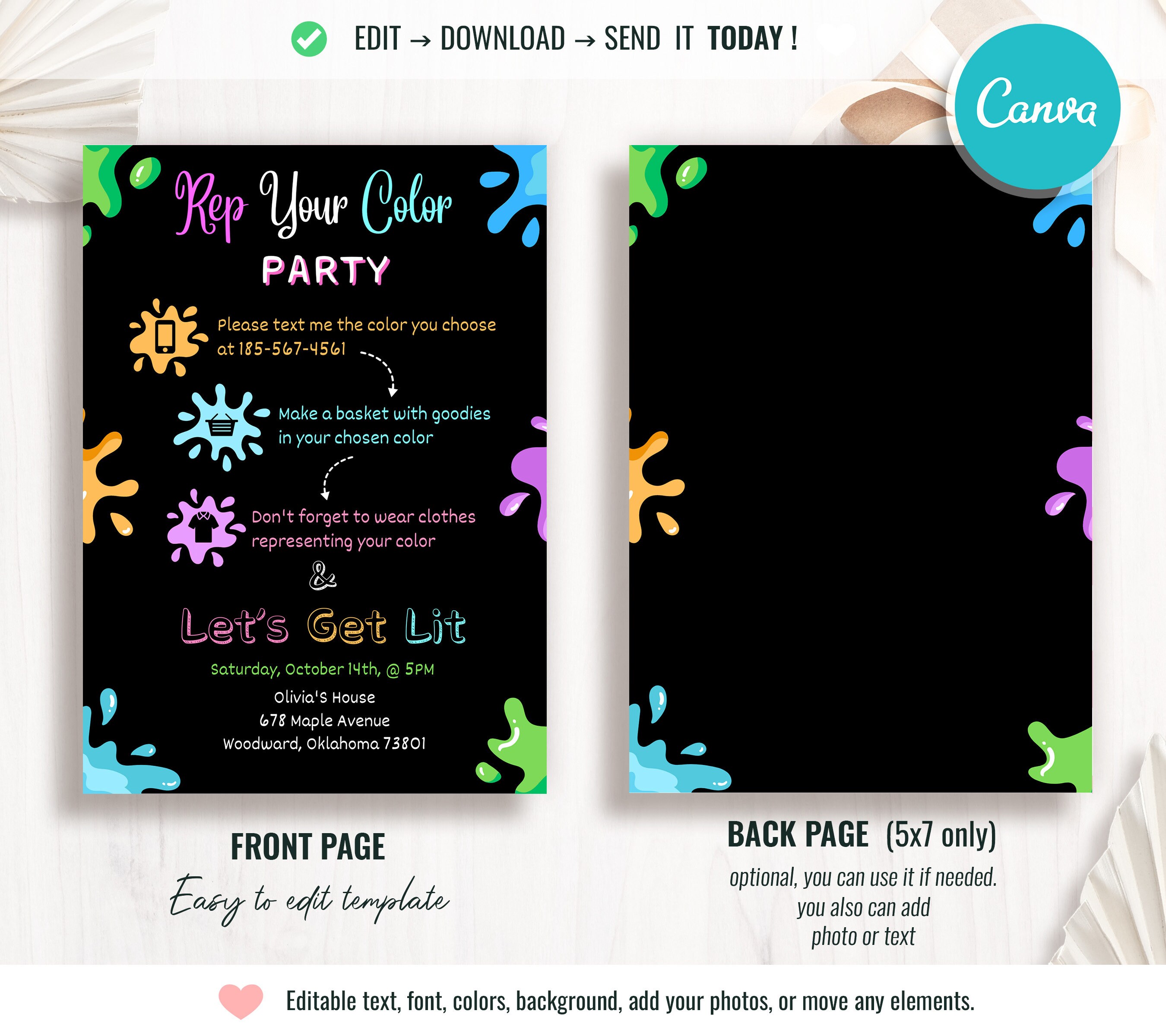 Editable Party Invitation, Rep Your Color, Color Theme Party Invite ...