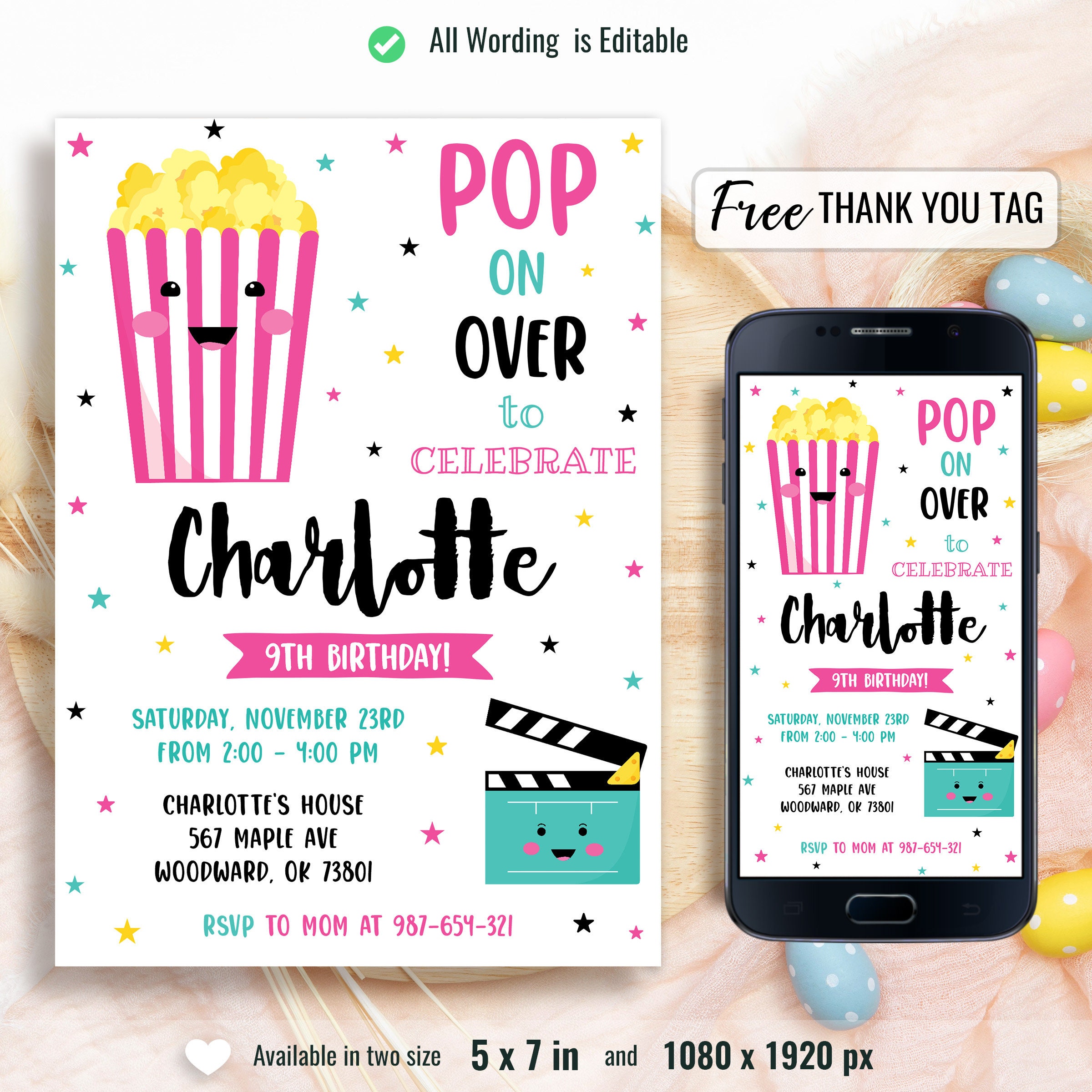 Editable Movie Birthday Invitation Template, Movie Party Invite, Night ...