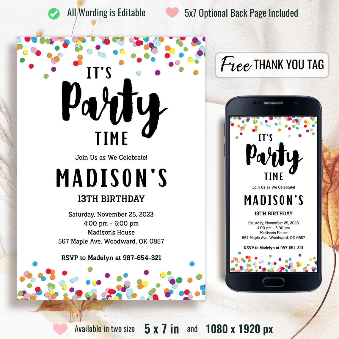 Editable Confetti Birthday Invitation Colorful Invite Simple - Etsy