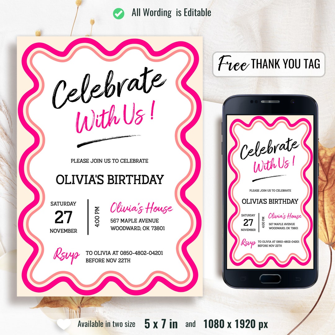 Editable Pink Wavy Birthday Invitation Template, Colorful Invite ...