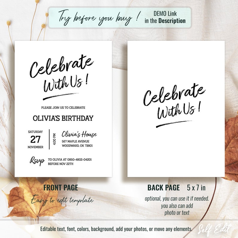 Simple Party Invite, Minimalist Birthday Invitation, Adult and Teen ...