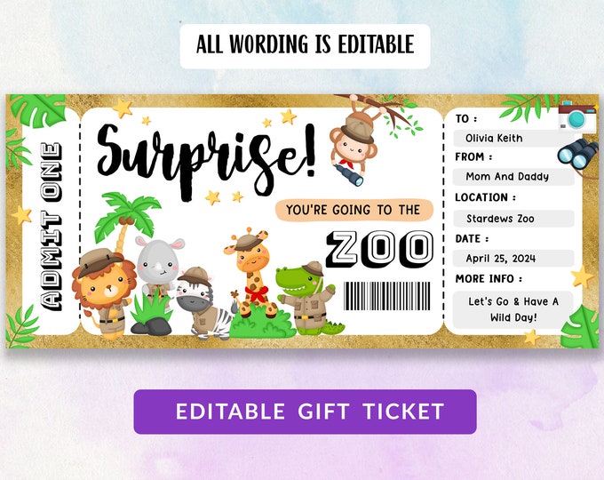 Zoo Ticket Template, Printable Event Ticket, Safari Park, Gift Voucher ...