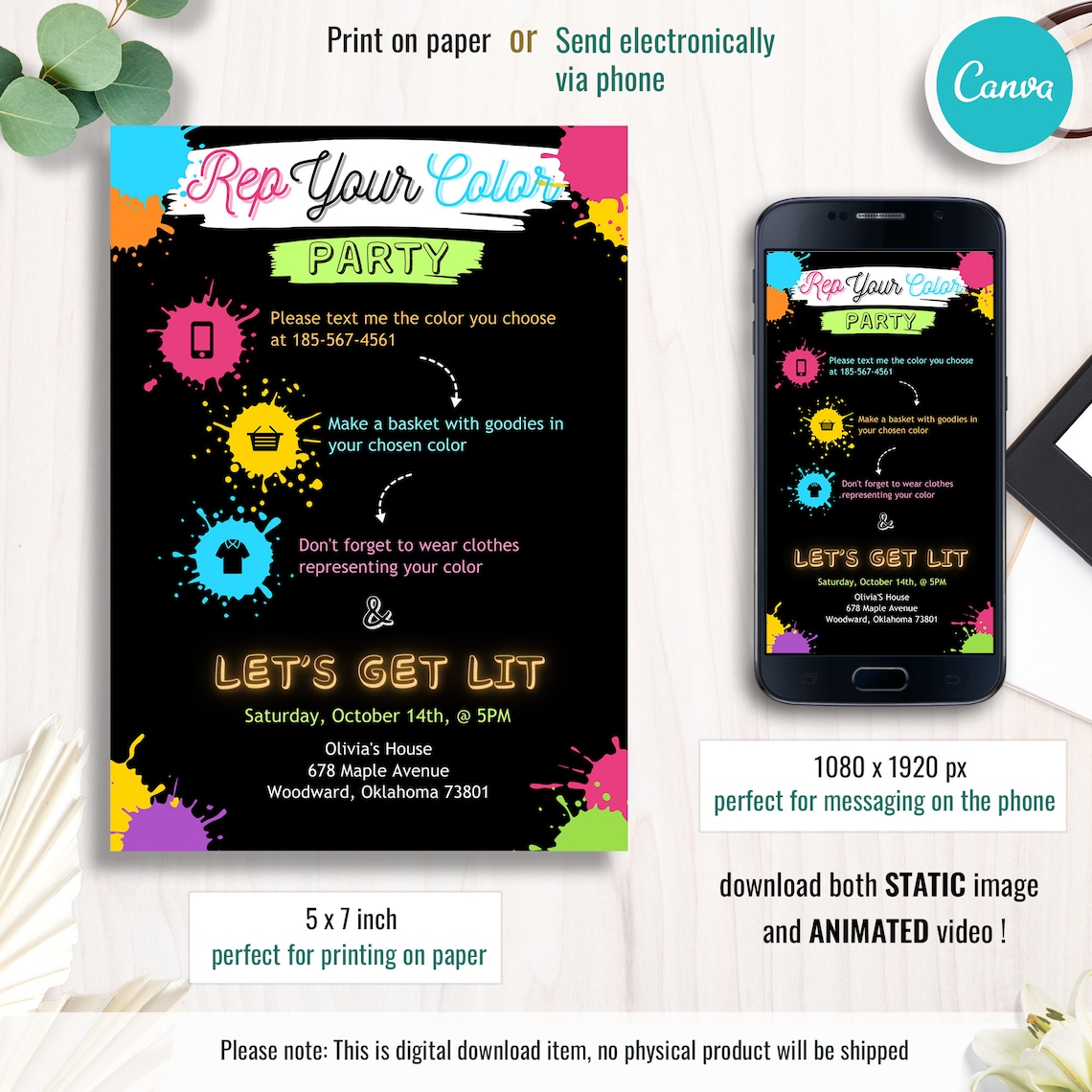 Editable Party Invitation, Rep Your Color, Color Theme Party Invite ...