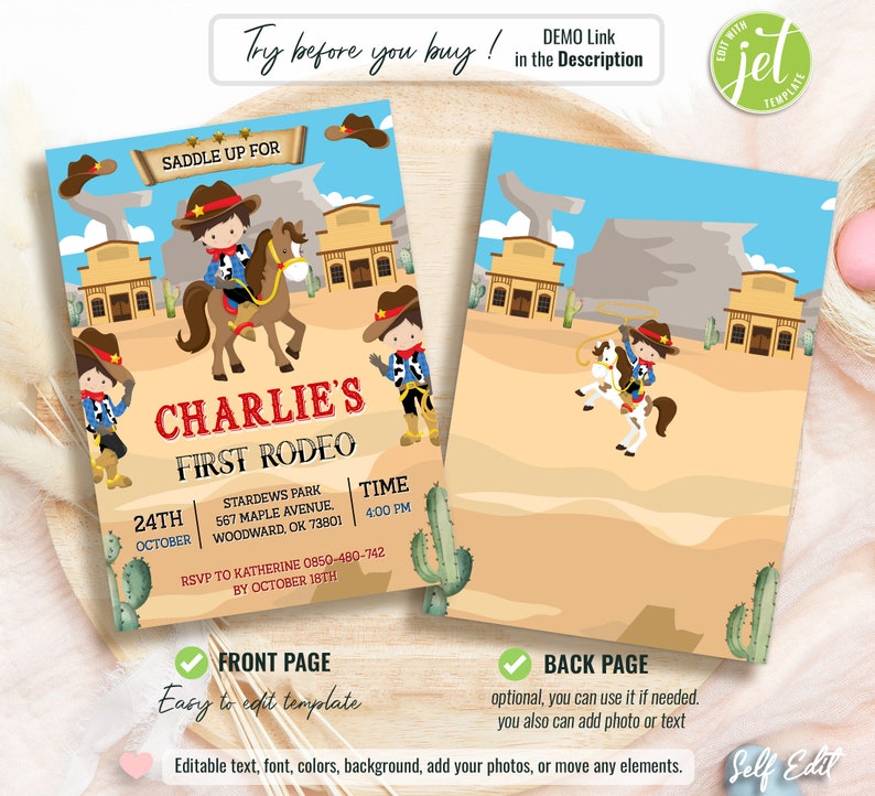 Editable First Rodeo Birthday Invitation, Cowboy Birthday Invite, First ...