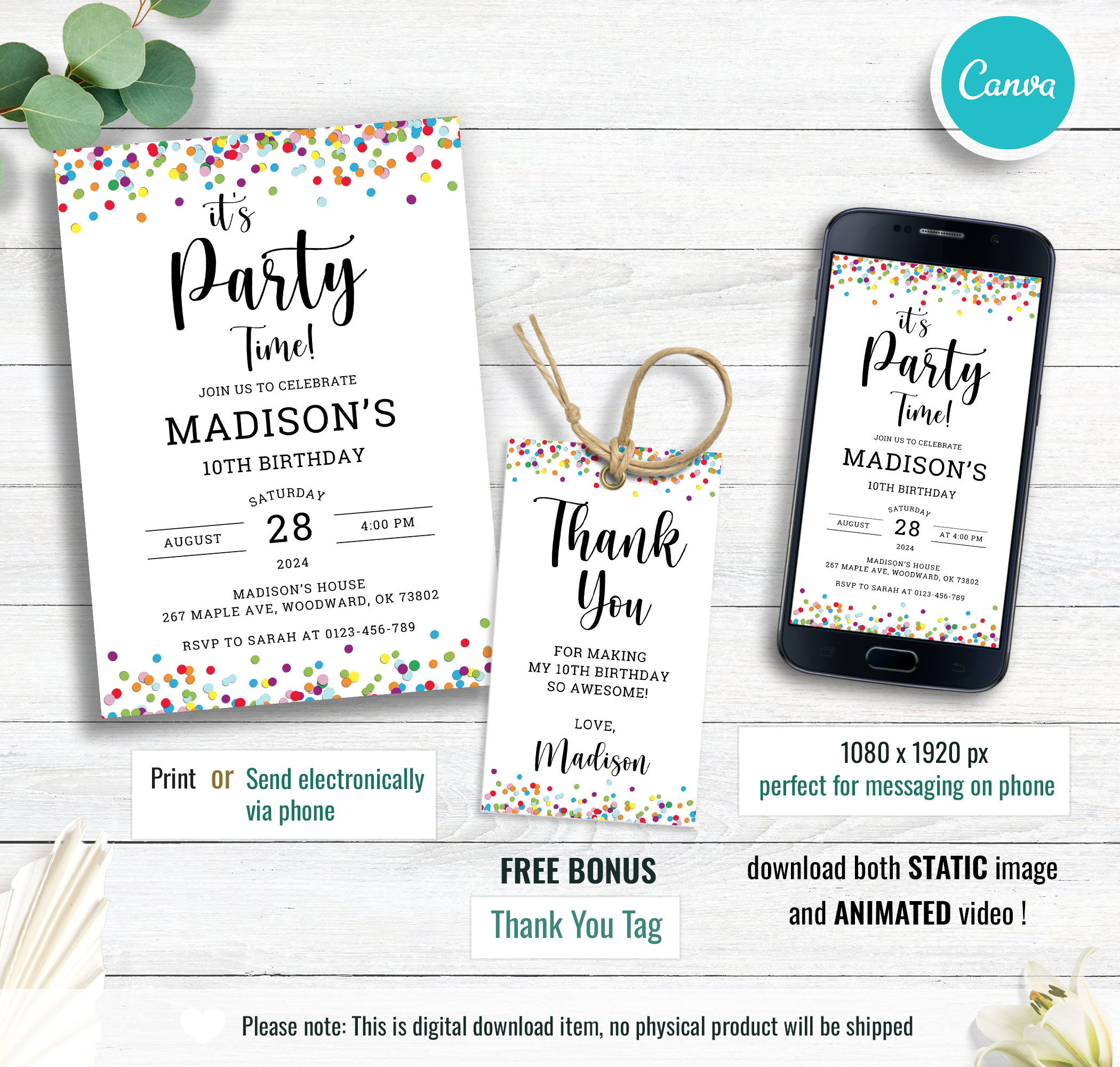 Editable Confetti Birthday Invitation, Colorful Invite, Simple Birthday ...