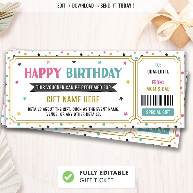 Birthday Gift Voucher Template, Personalized Gift Coupon, Present ...