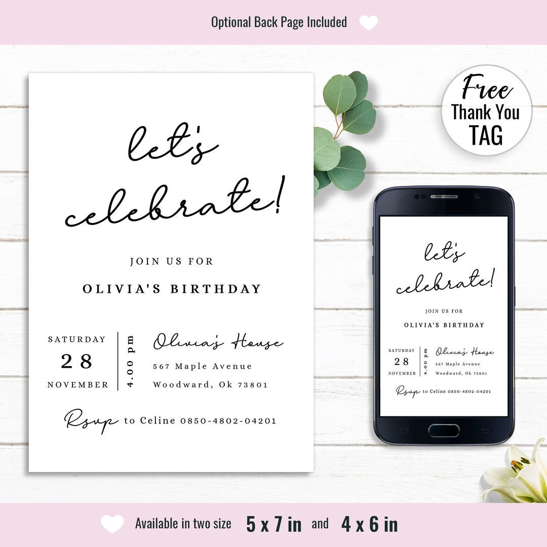 Simple Party Invite, Minimalist Birthday Invitation, Printable Adult ...