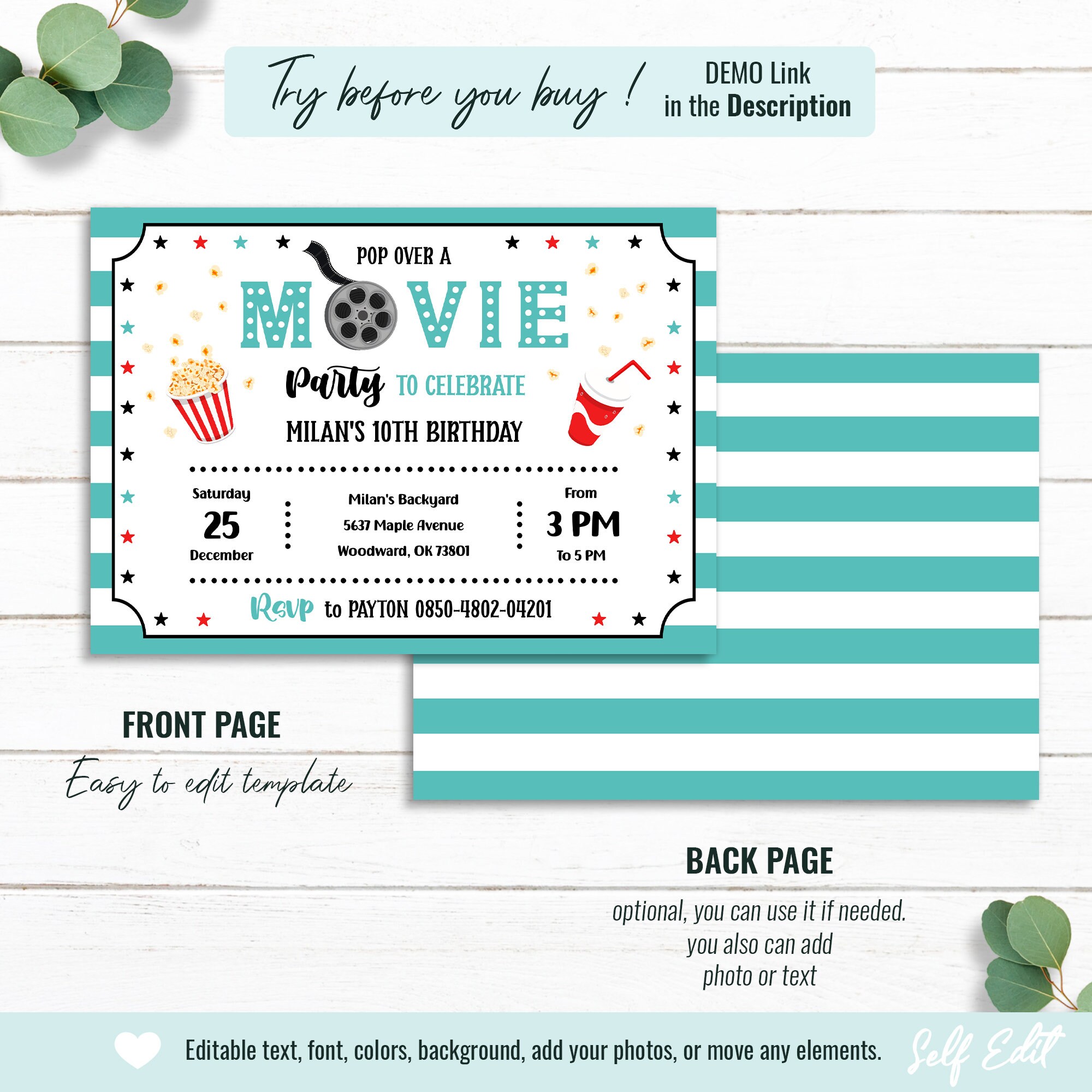 Movie Birthday Invitation, Cinema Birthday Invite, Pop on Over Bday ...