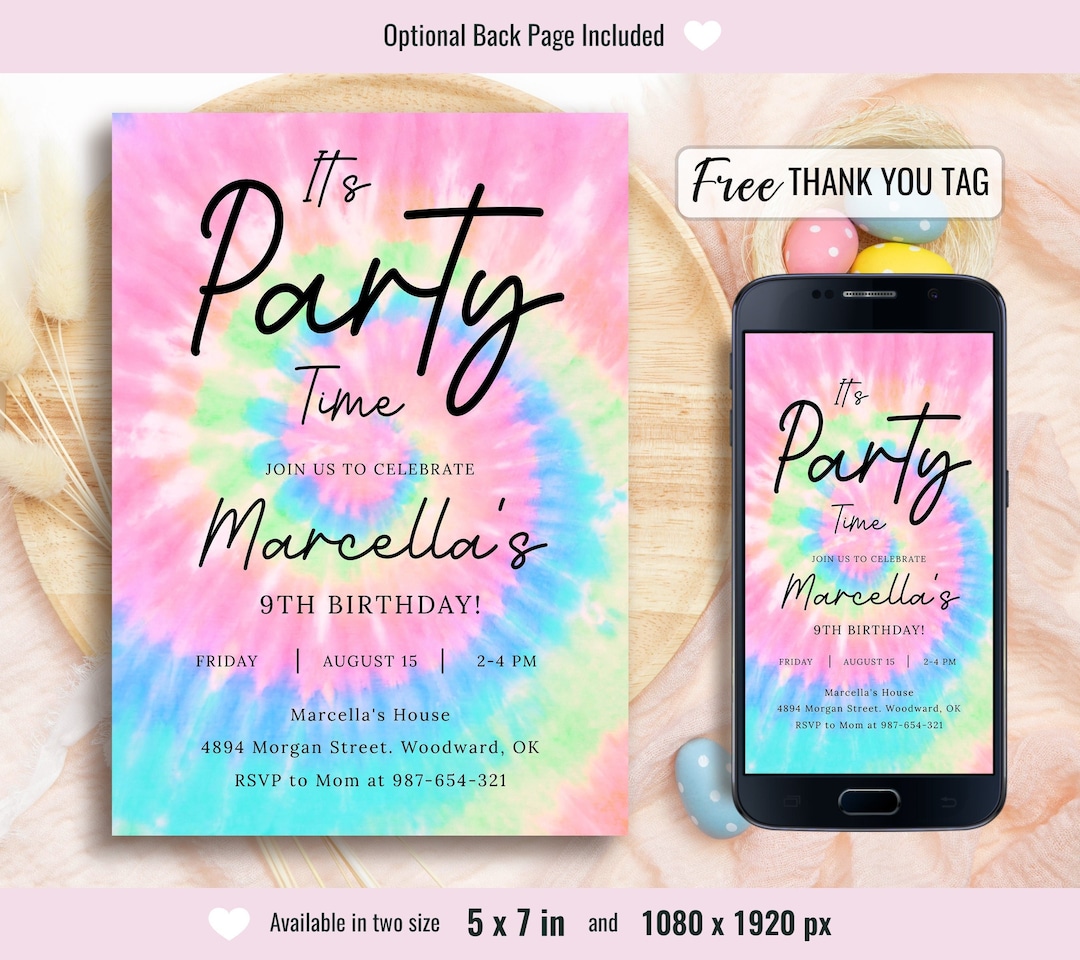 Tie Dye Birthday Invite, Rainbow Tie Dye Birthday Invitation, Editable ...