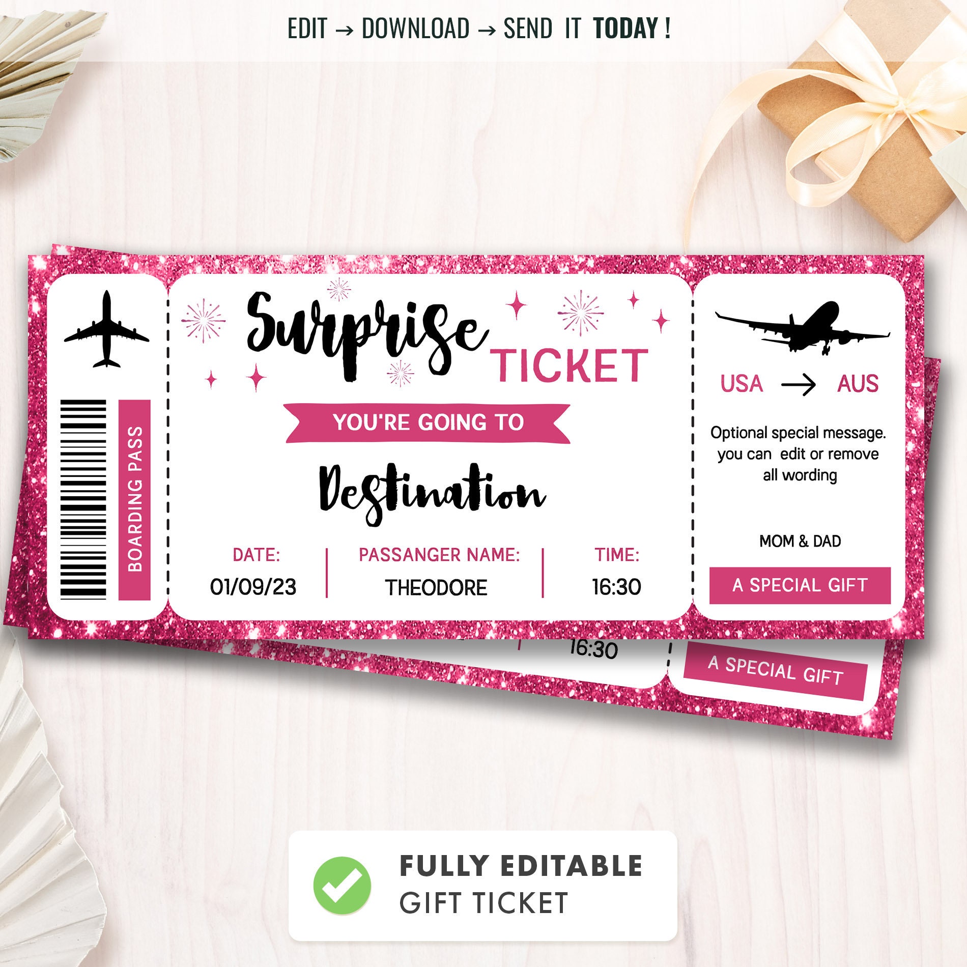 Editable Surprise Trip Ticket, Surprise Boarding Coupon Pass, Event ...