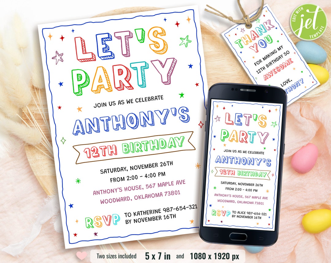 Editable Simple Birthday Invitation, Colorful Birthday Invite, Happy ...
