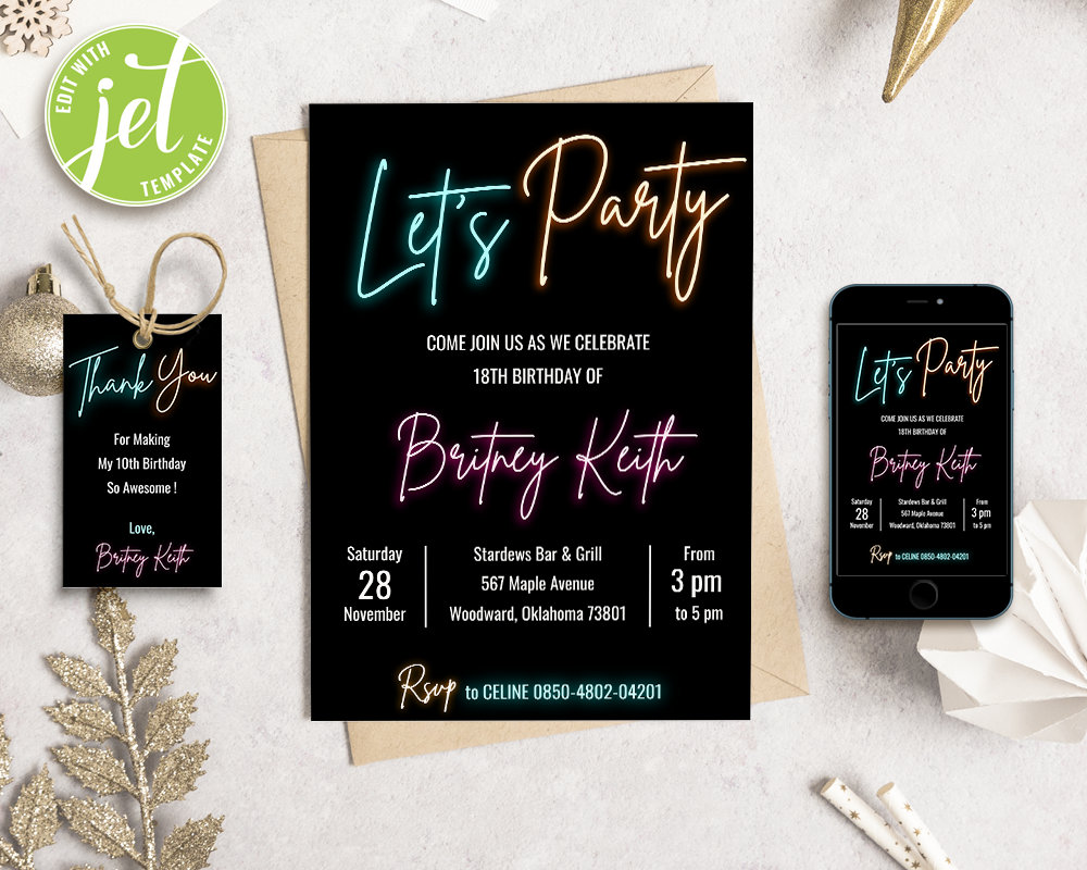 Neon Glow Birthday Invitation Neon Light Party Iinvite - Etsy