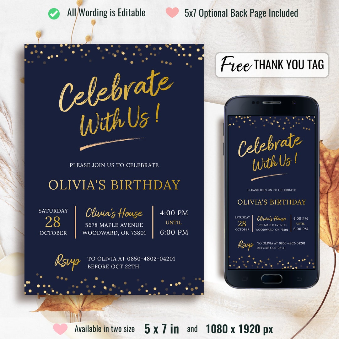 Editable Simple Birthday Invitation, Black Minimalist Invite, Dinner ...