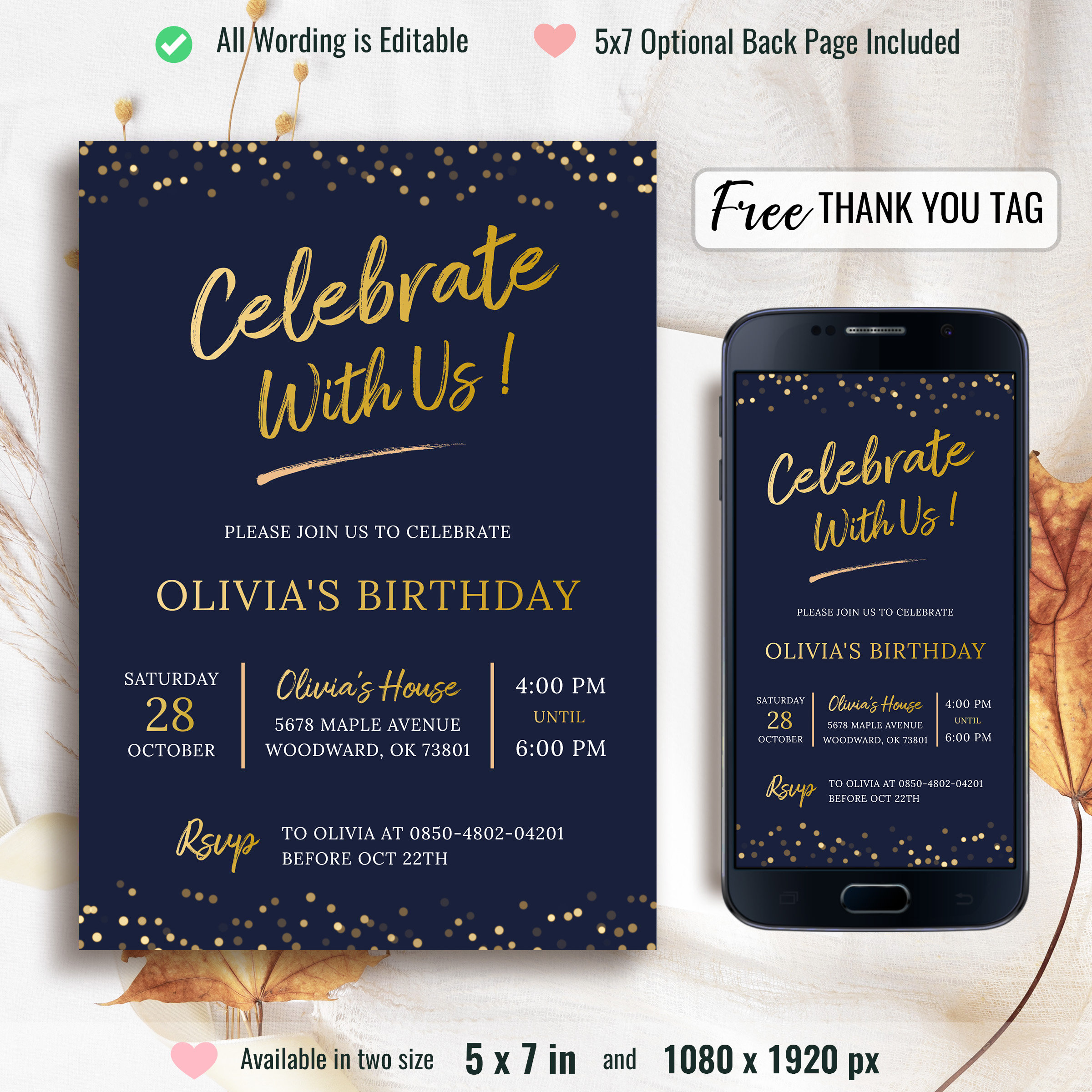 Editable Simple Birthday Invitation, Black Minimalist Invite, Dinner ...