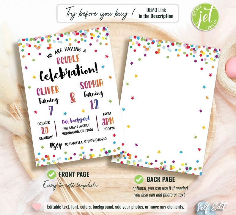 Editable Double Birthday Invitation, Colorful Confetti Birthday ...