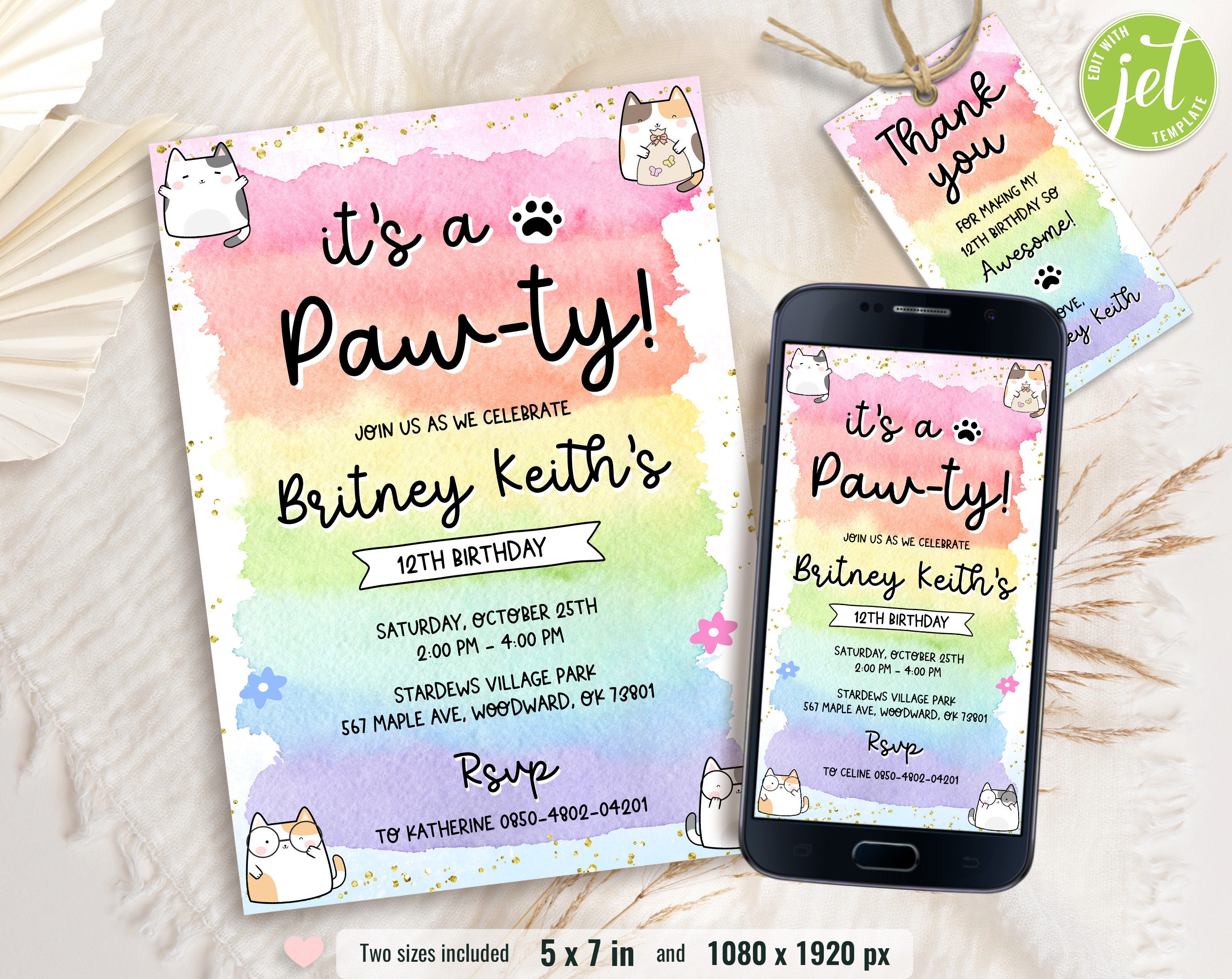 Editable Cat Birthday Invitation, Printable Kitten Invite, Digital ...
