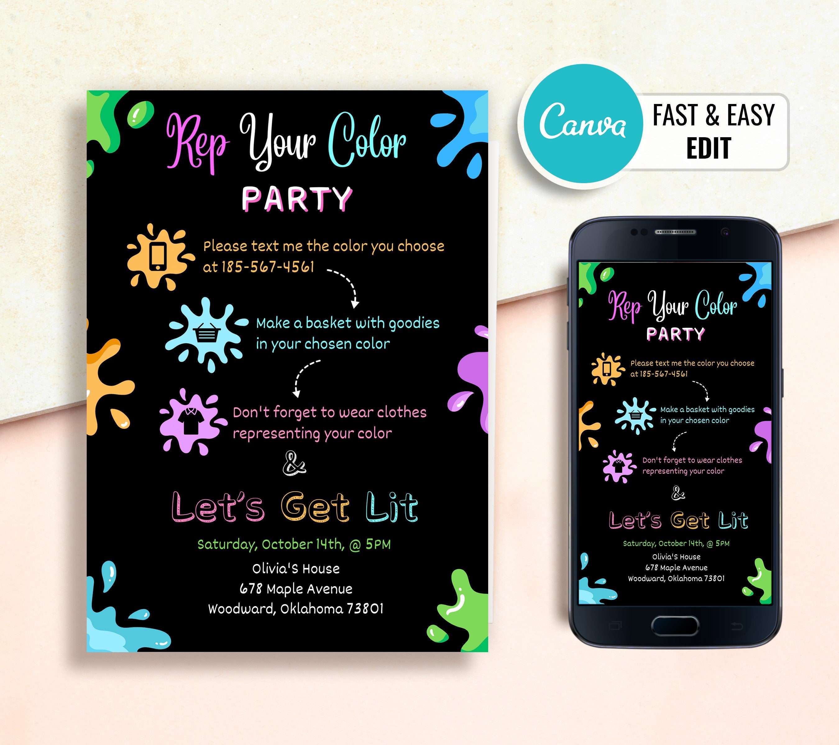 Editable Party Invitation, Rep Your Color, Color Theme Party Invite ...