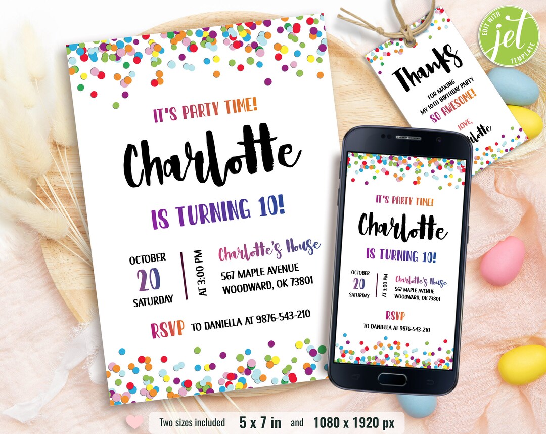 Editable Confetti Birthday Invitation, Colorful Invite, Simple Birthday ...