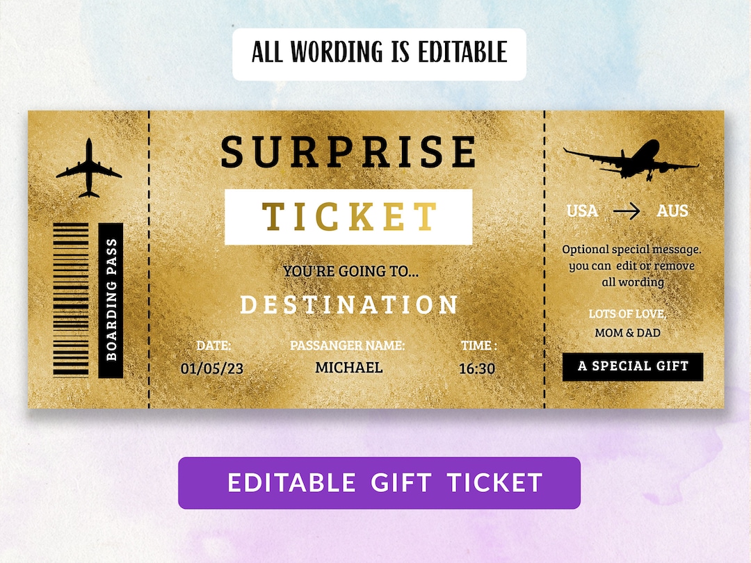 Surprise Boarding Pass Ticket, Printable Trip Coupon, Gold Plane Ticket ...