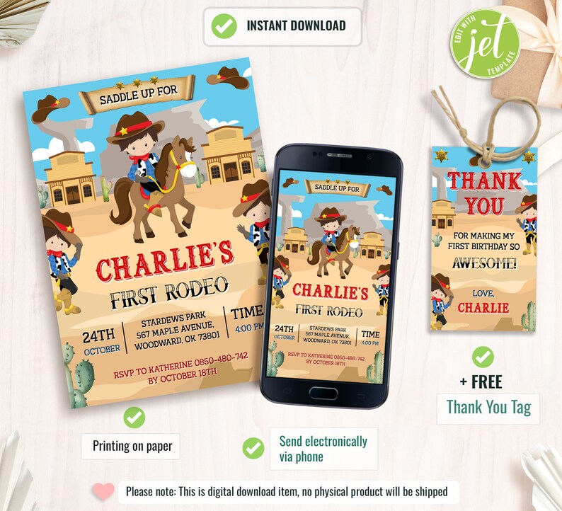 Editable First Rodeo Birthday Invitation, Cowboy Birthday Invite, First ...