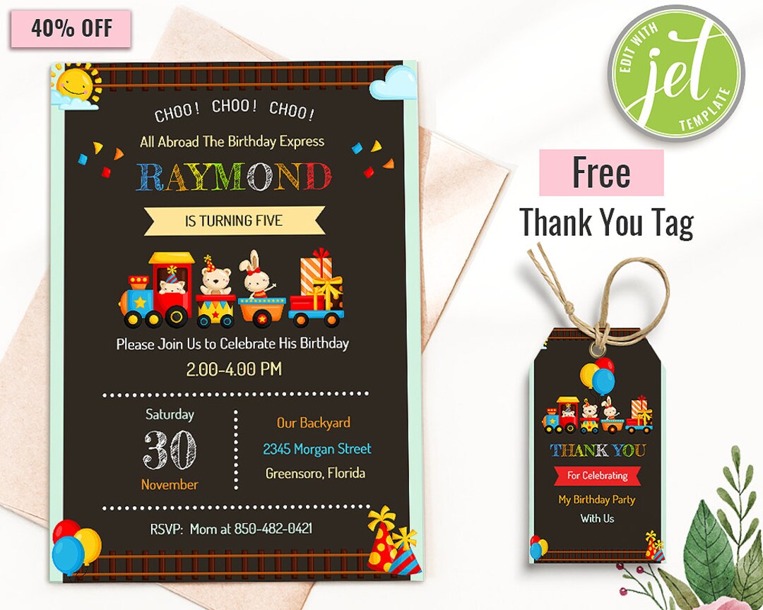 Cute Train Birthday Template - Printable Kids Railway Custom Editable ...