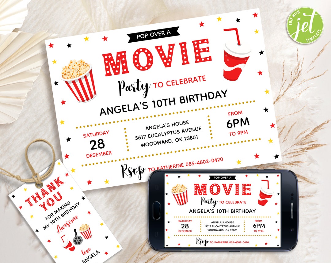 Movie Birthday Invitation Template, Printable Movie Party Invite, Night ...