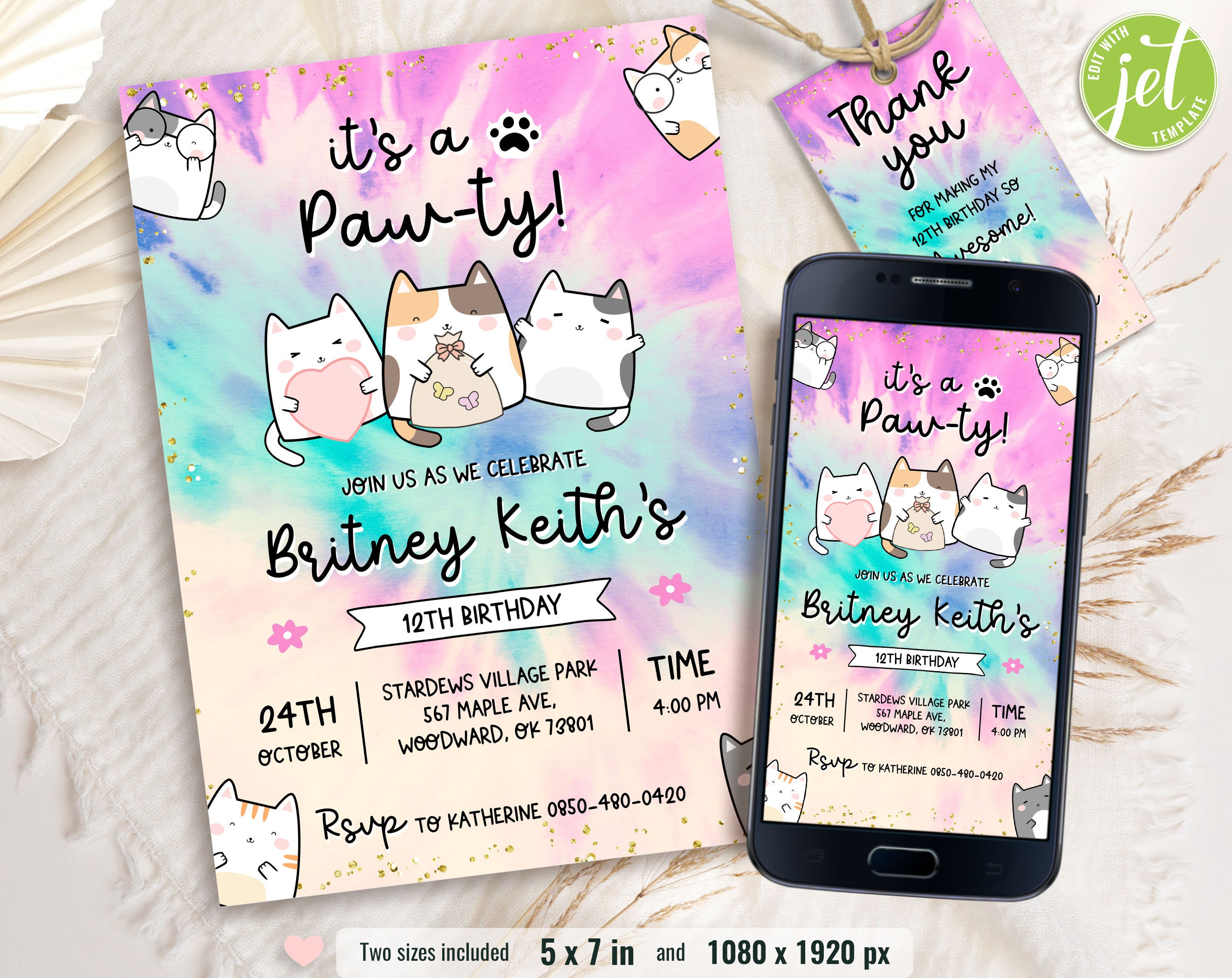 Cat Birthday Invitation, Printable Kitten Invite, Digital Invitation ...