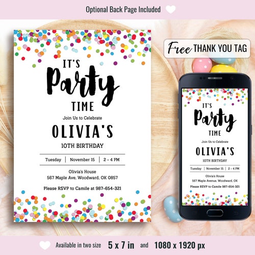Confetti Party Invitation It's Party Time Colorful - Etsy