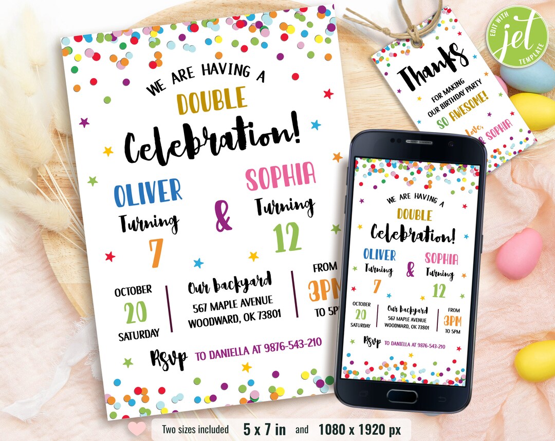Editable Double Birthday Invitation, Colorful Confetti Birthday ...