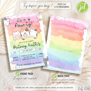 Cat Birthday Invitation, Printable Kitten Invite, Digital Invitation ...