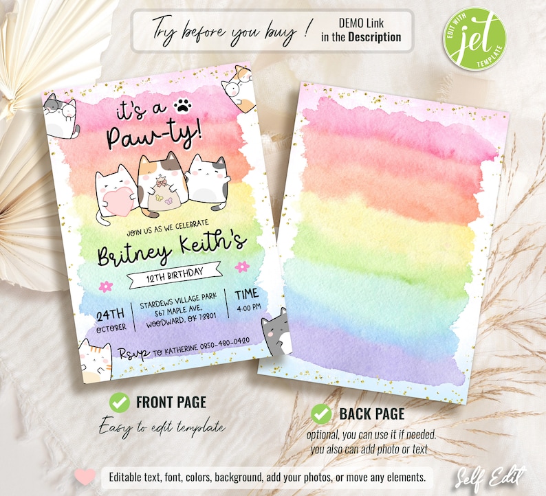 Cat Birthday Invitation Printable Kitten Invite Digital - Etsy