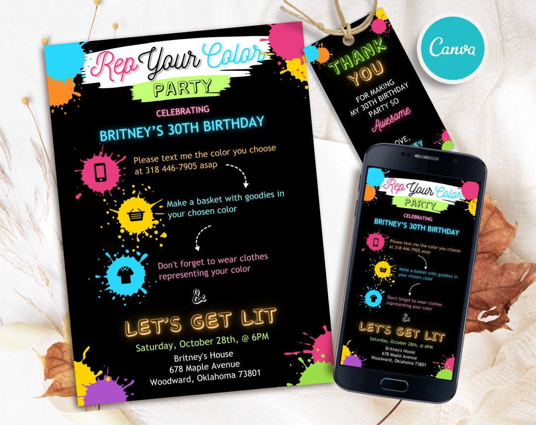 Editable Birthday Invitation, Rep Your Color Invitations, Color Theme ...