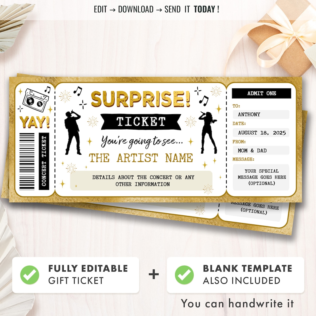 Concert Ticket Template, Surprise Gift Ticket, Event Ticket, Gift ...